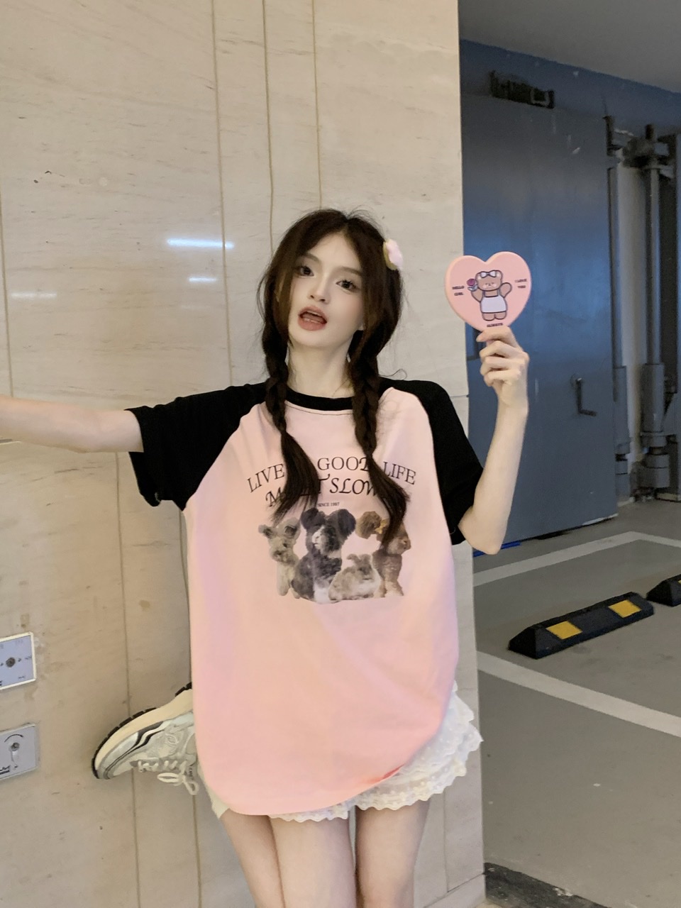 여자 루즈핏 오버핏 롱 박스 반팔티 강아지 핑크 검정 배색 나그랑 박시 5부 반팔 롱티