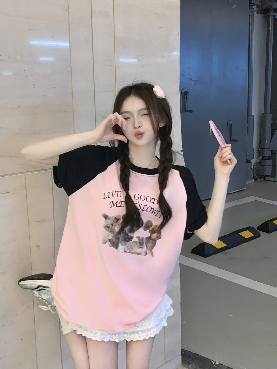여자 루즈핏 오버핏 롱 박스 반팔티 강아지 핑크 검정 배색 나그랑 박시 5부 반팔 롱티