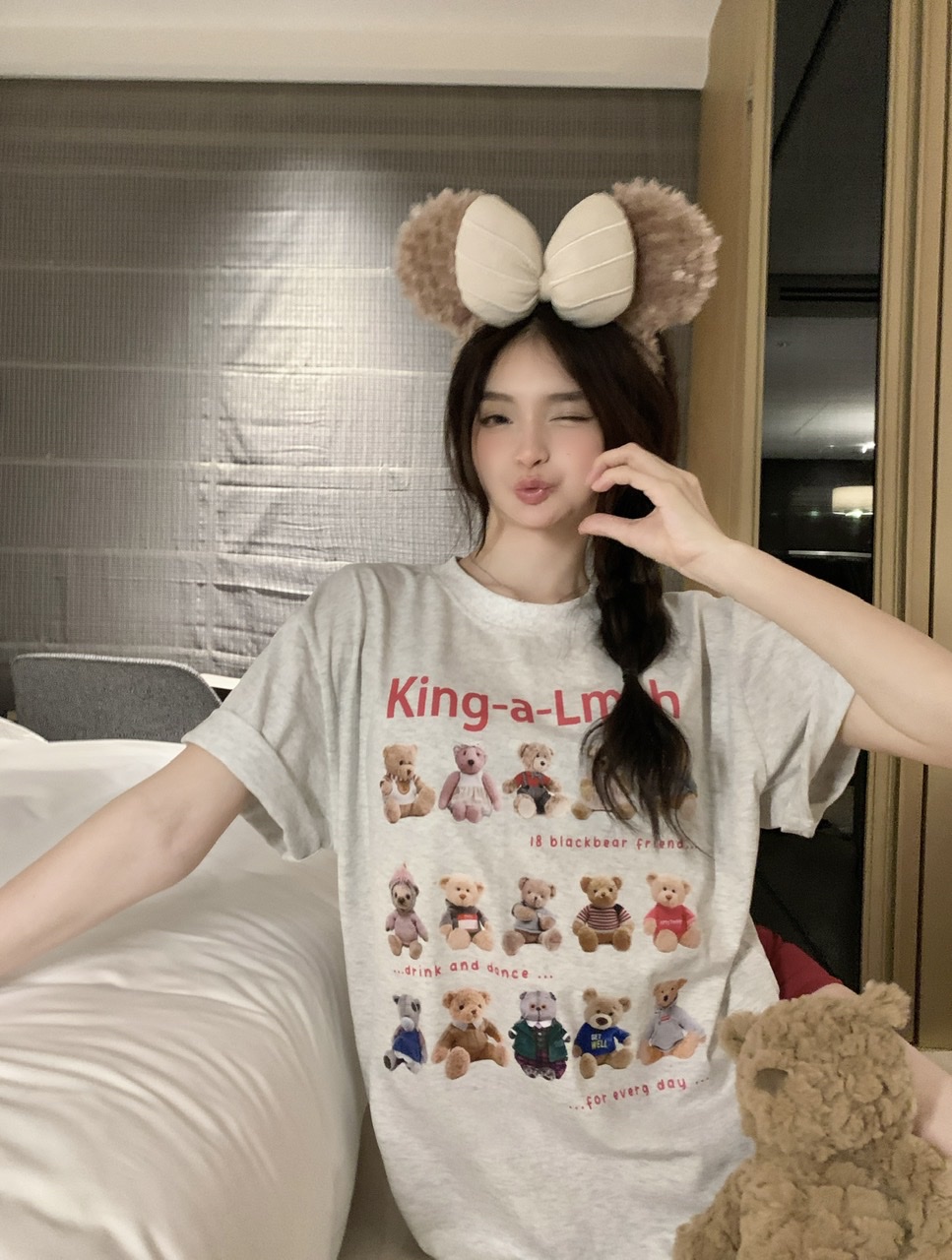 여자 라운드 루즈핏 오버핏 롱 박스 반팔티 곰돌이 레터링 귀여운 박시 5부 반팔롱티