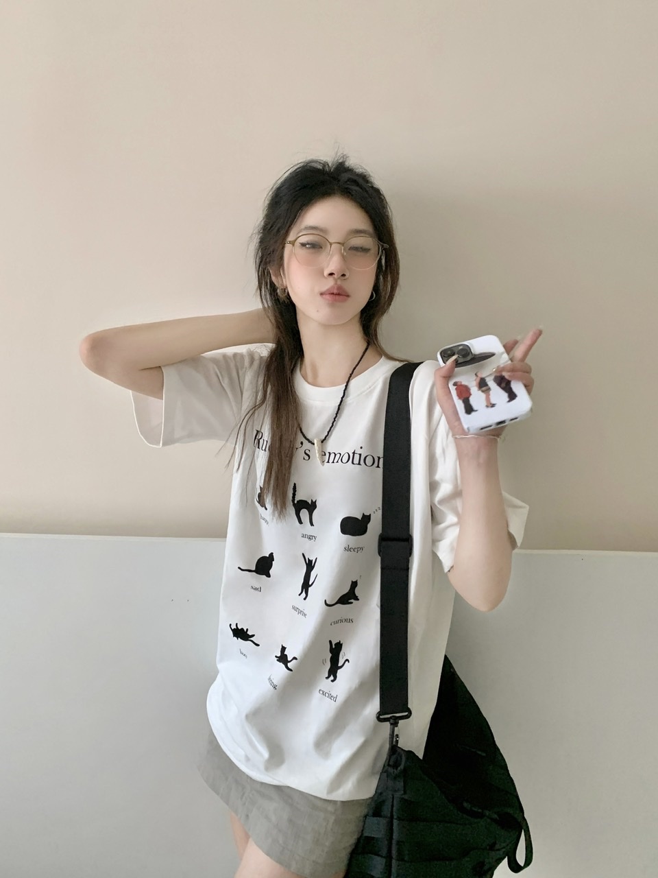 시크온미 여자 라운드 루즈핏 오버핏 롱 박스 5부 반팔티 고양이 프린트 박시 배색 나그랑 반팔롱티